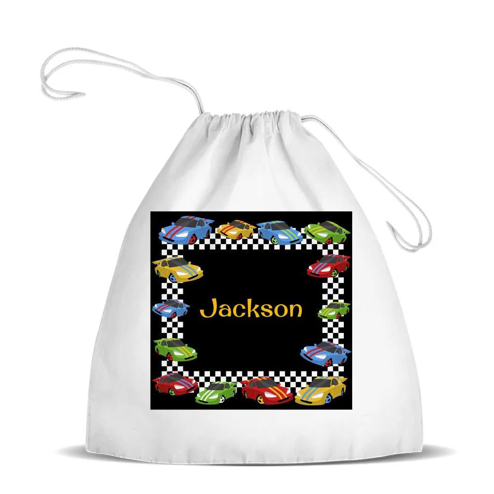 Race Cars White Drawstring Bag – Dinkleboo AU